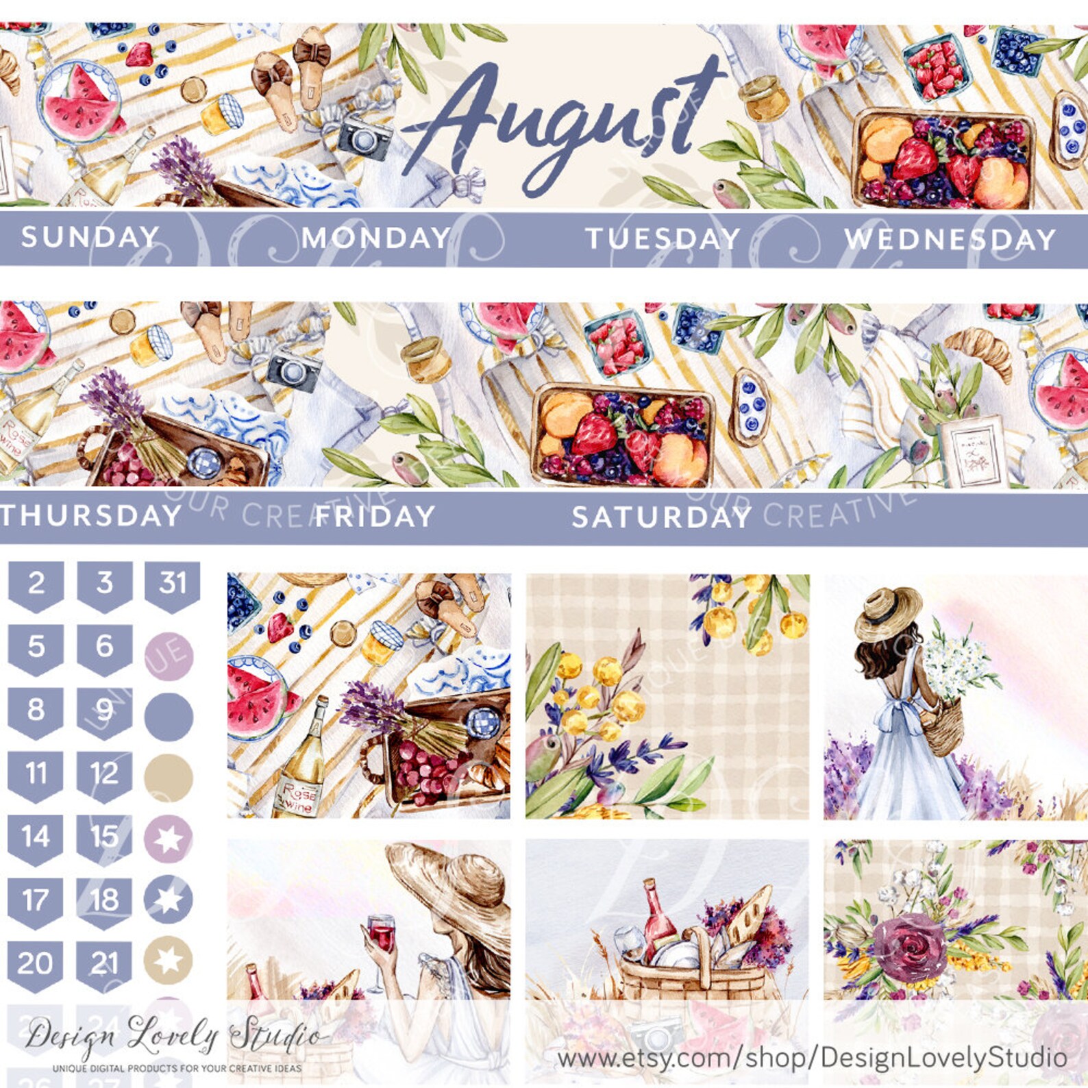 August Monthly Kit Printable August Monthly Stickers Erin | Etsy