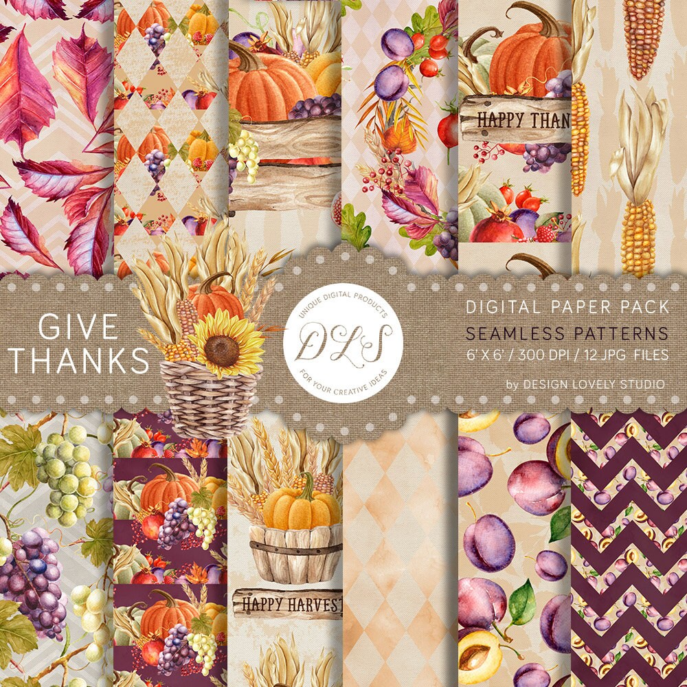 THANKSGIVING Digital Paper Autumn Paper Pack Pumpkin Scrapbook Harvest ...
