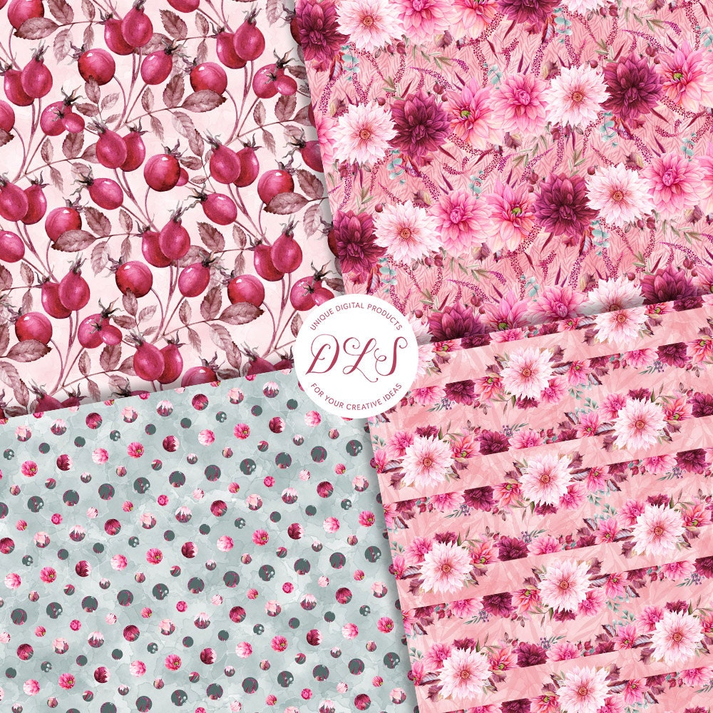 FLORAL Digital Paper Pack Dahlias Pink Mint Background Floral - Etsy