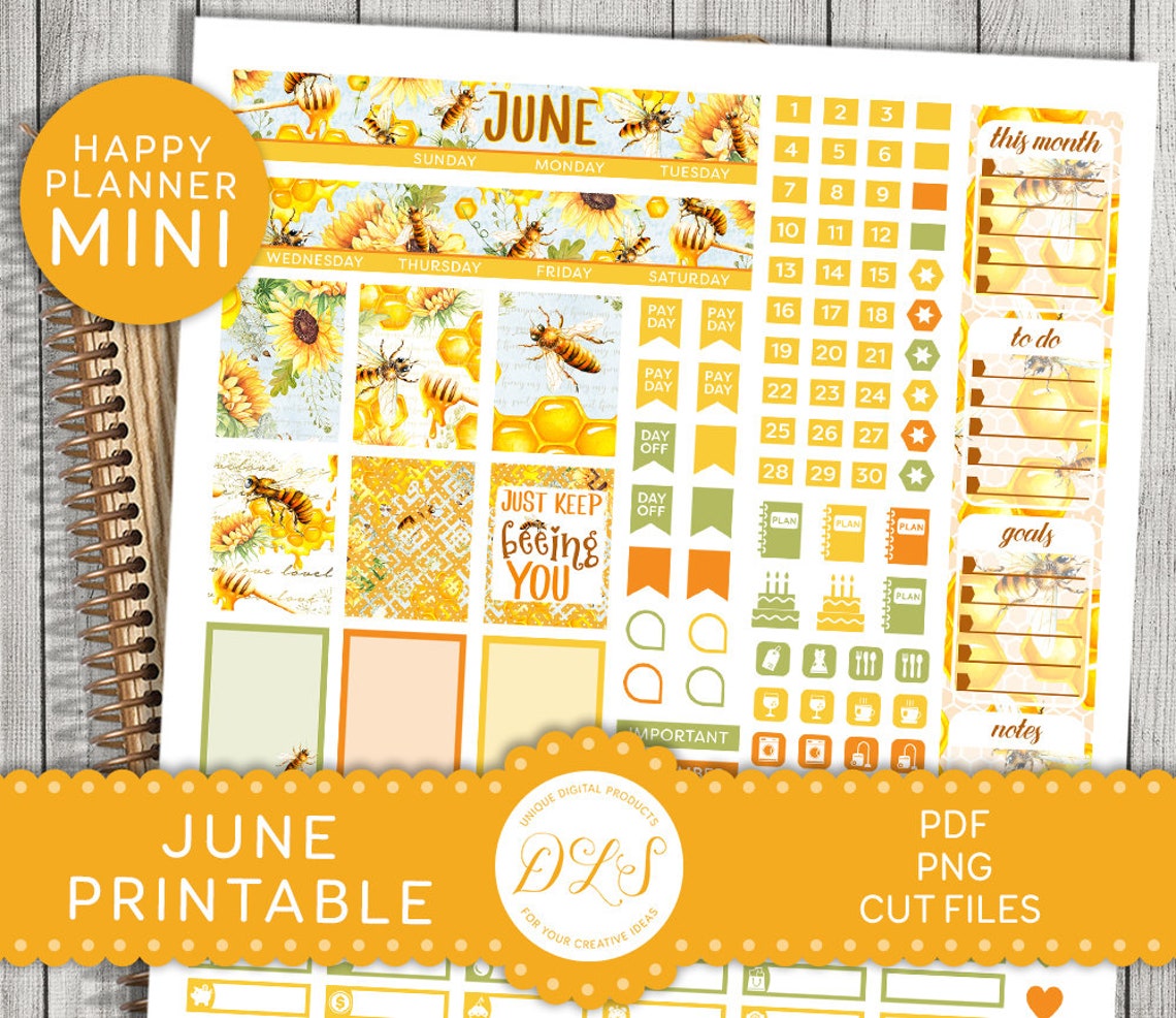 Printable JUNE Monthly Kit, Mini Happy Planner JUNE Stickers Kit, Honey ...