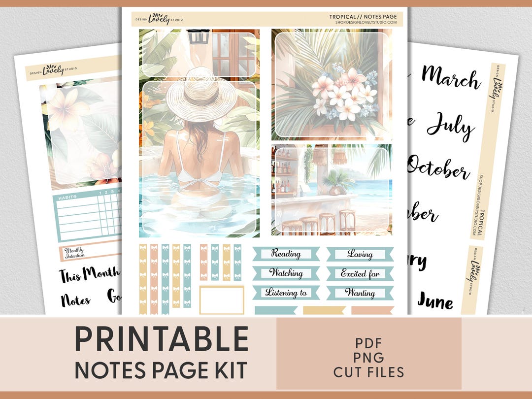 Tropical Notes Page Kit – Printable Planner Stickers Poolside & Beach ...