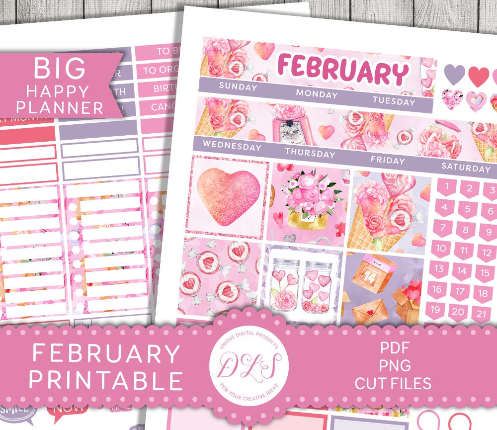 Printable FEBRUARY Monthly Stickers Kit, Big Happy Planner February Kit ...