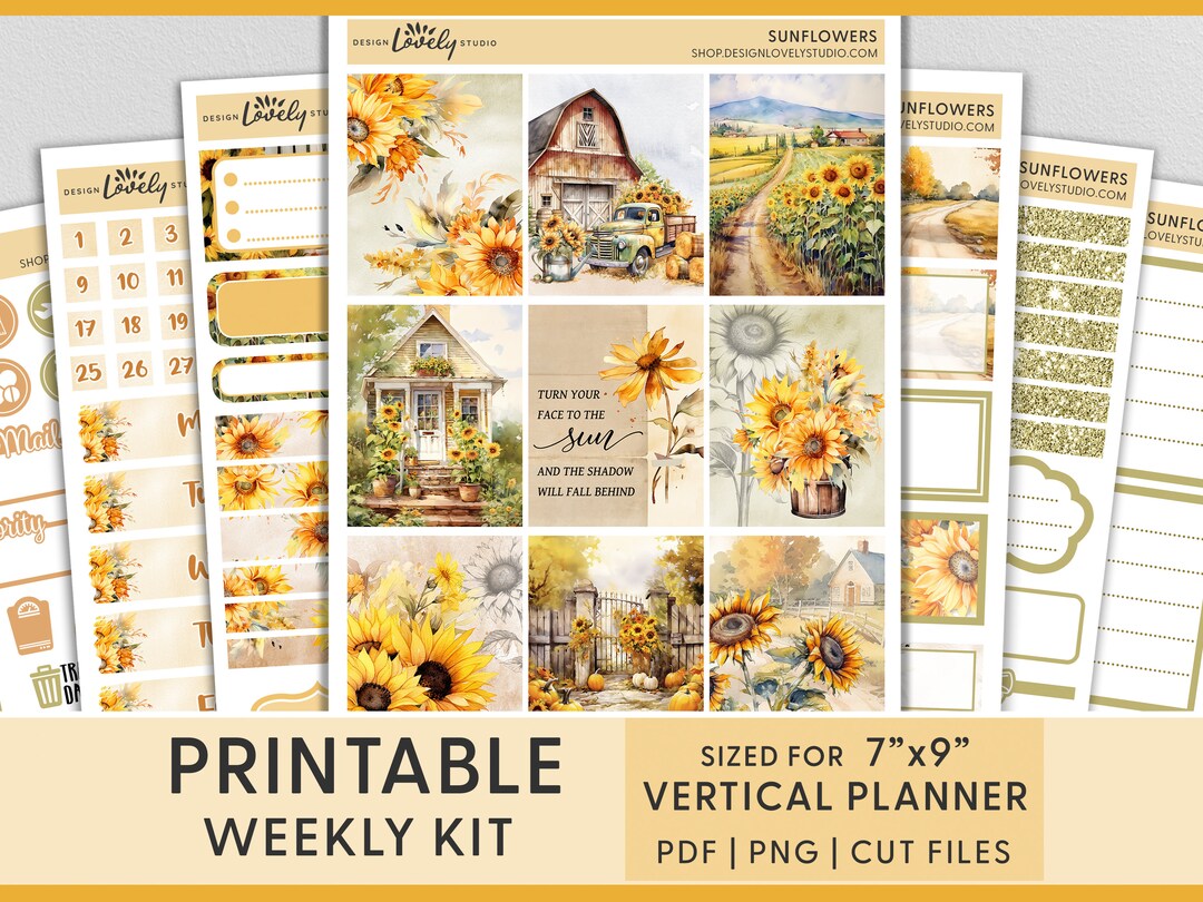 Printable Sunflower Stickers, Printable Planner Stickers, Weekly Kit ...