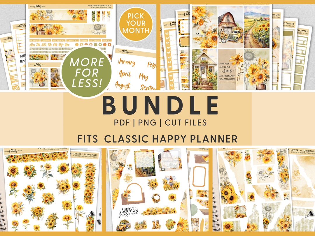 Sunflowers Planner Stickers Bundle for Happy Planner, Monthly Stickers ...