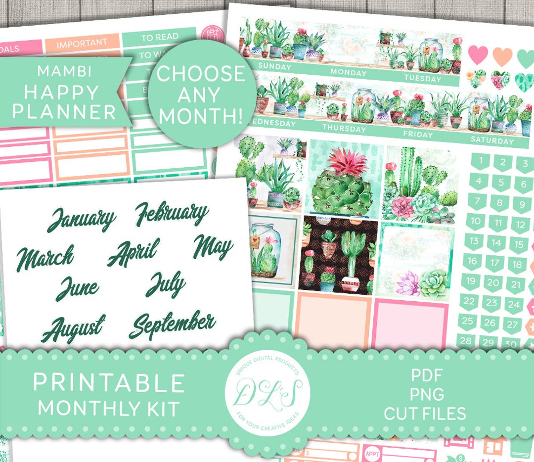 Printable CACTUS Monthly Planner Stickers, Classic Happy Planner ...