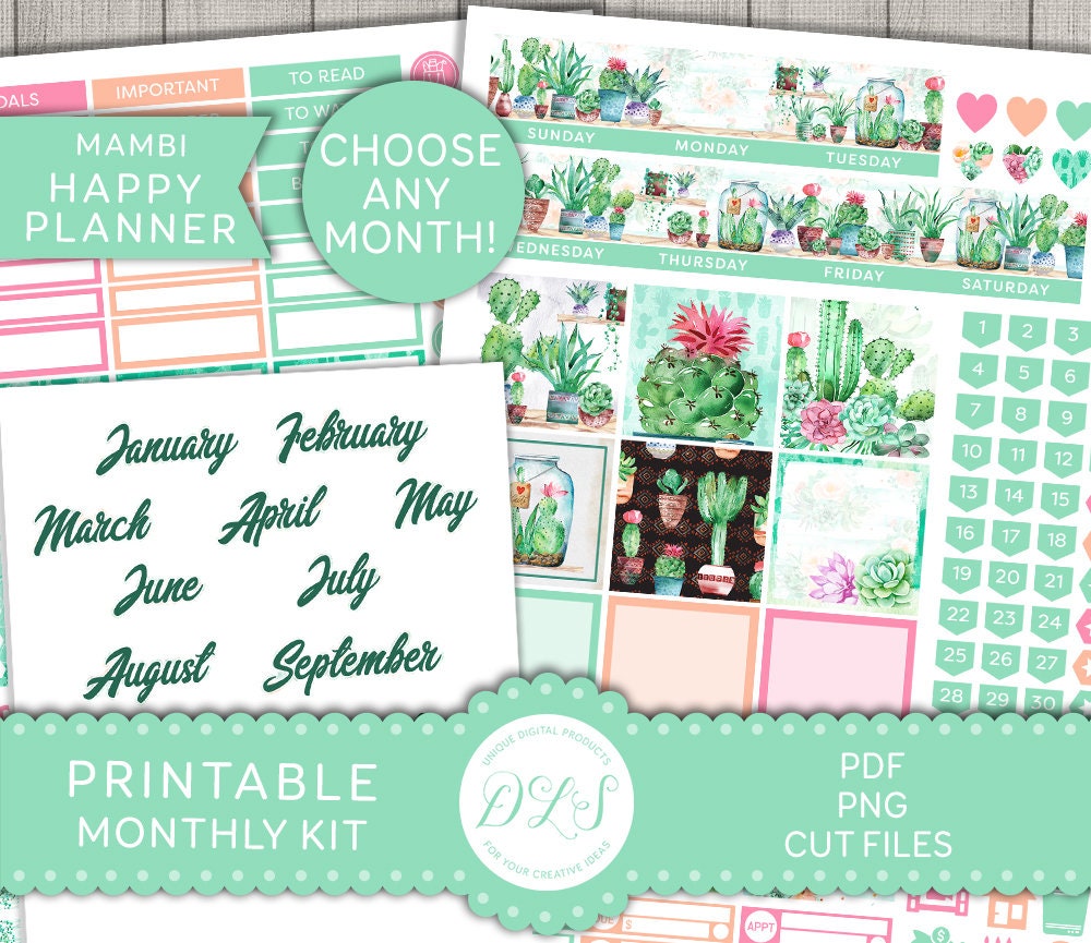 Printable CACTUS Monthly Planner Stickers Classic Happy - Etsy