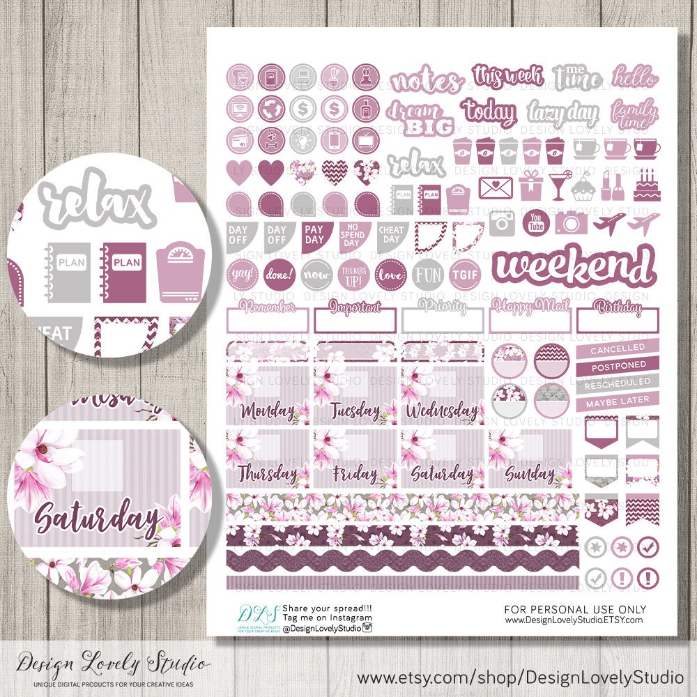 Happy Planner PRINTABLE Weekly Kit, Purple Floral Planner Stickers ...