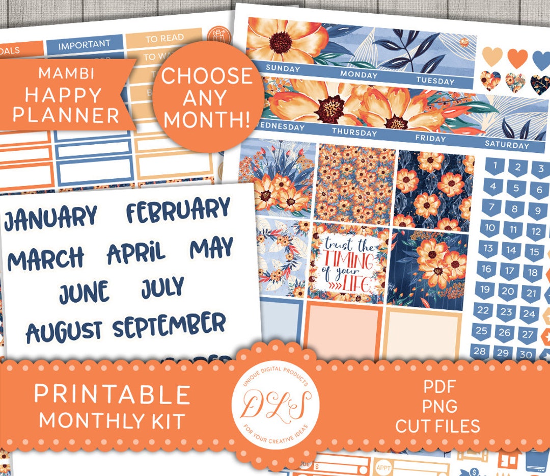 Happy Planner Monthly PRINTABLE Stickers, Floral Planner Stickers Kit ...