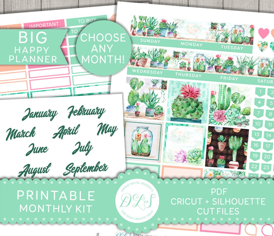 Printable SUCCULENTS Monthly Planner Stickers, Big Happy Planner ...
