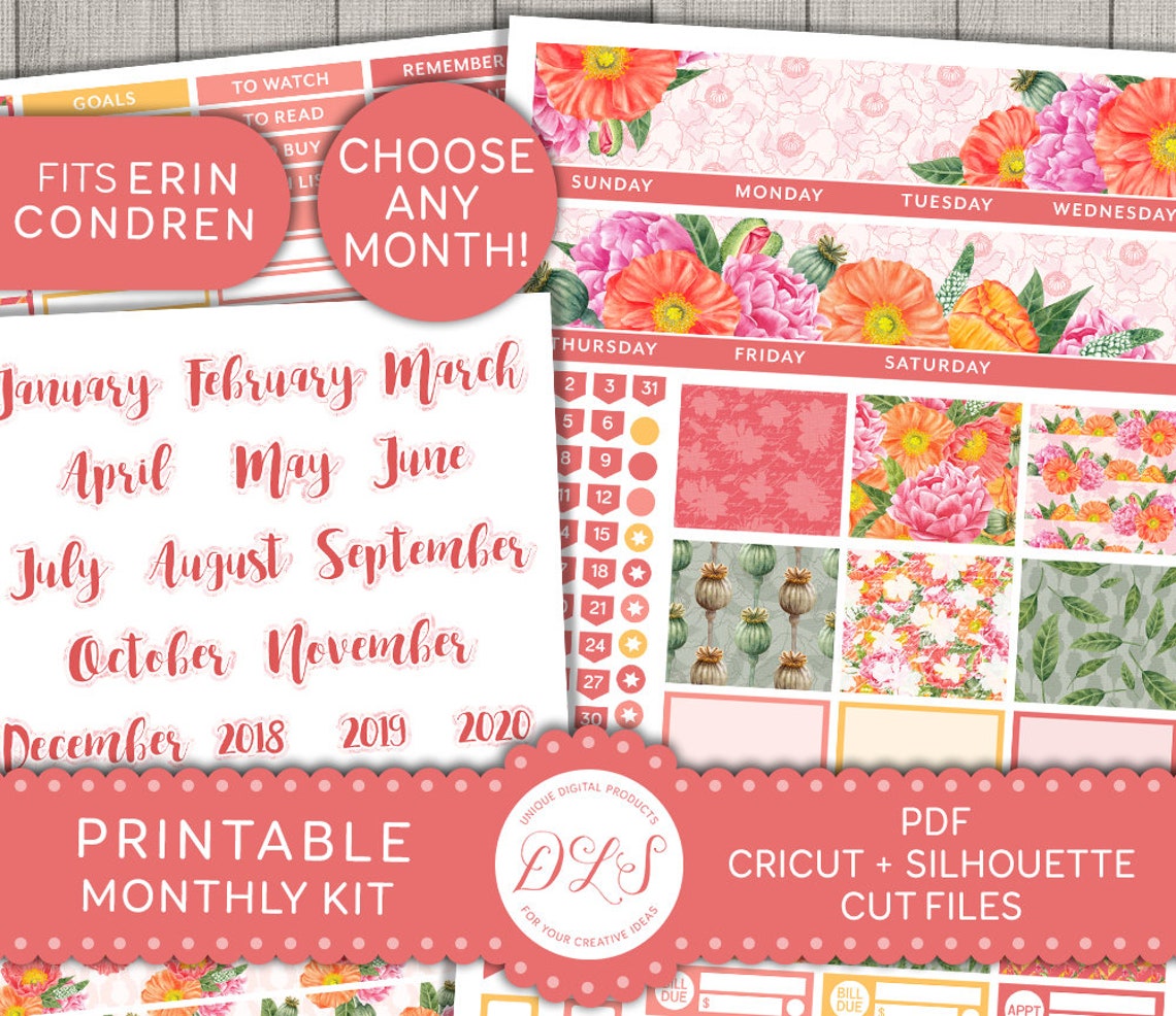 Printable Monthly Planner Stickers Floral Monthly Stickers | Etsy
