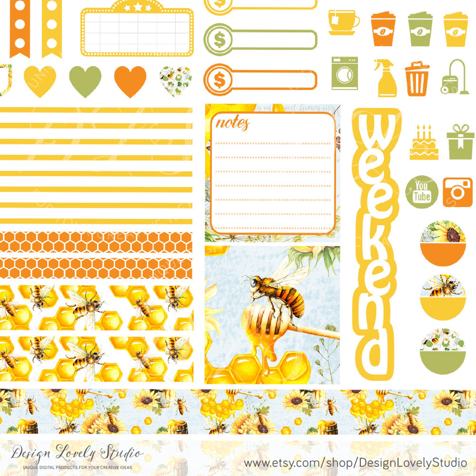 HONEY BEE Planner Stickers Kit, Mini Happy Planner Printable Stickers ...