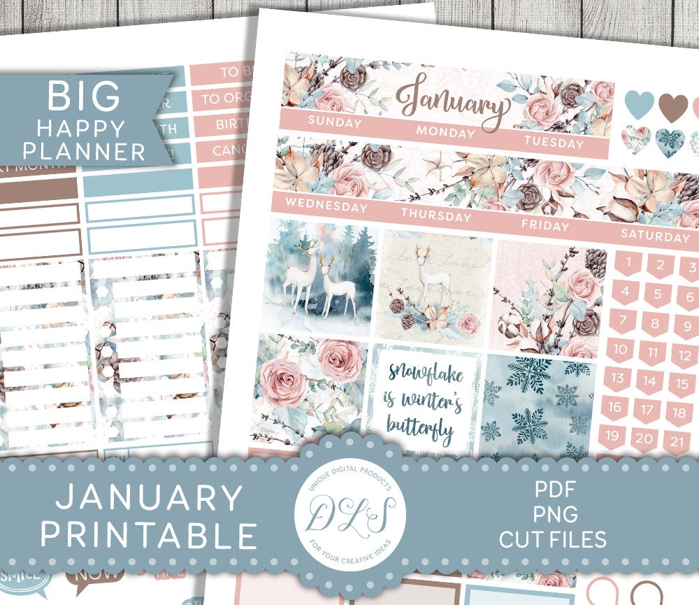 Printable JANUARY Monthly Stickers Kit Big Happy Planner - Etsy