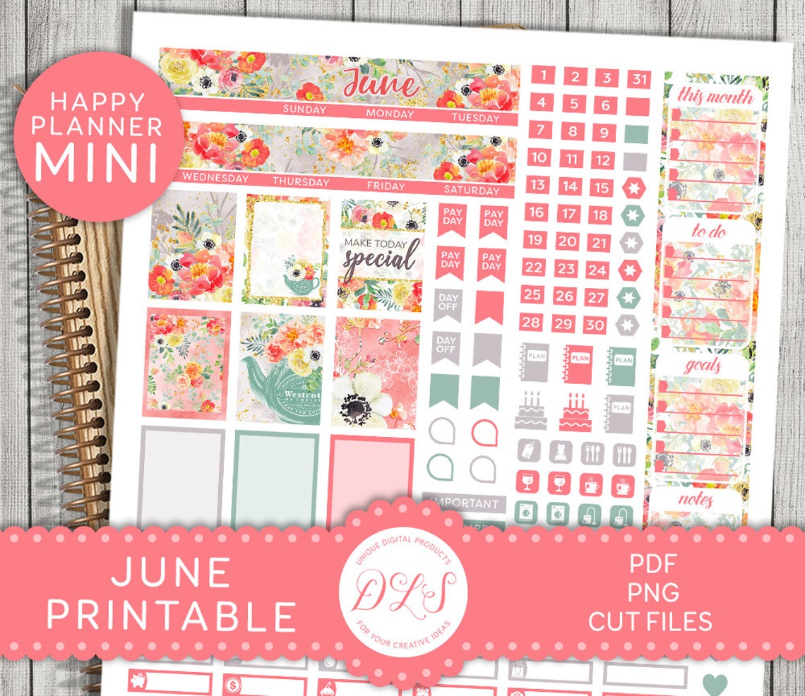 JUNE Monthly Planner Stickers, Printable Planner Stickers, Mini Happy ...