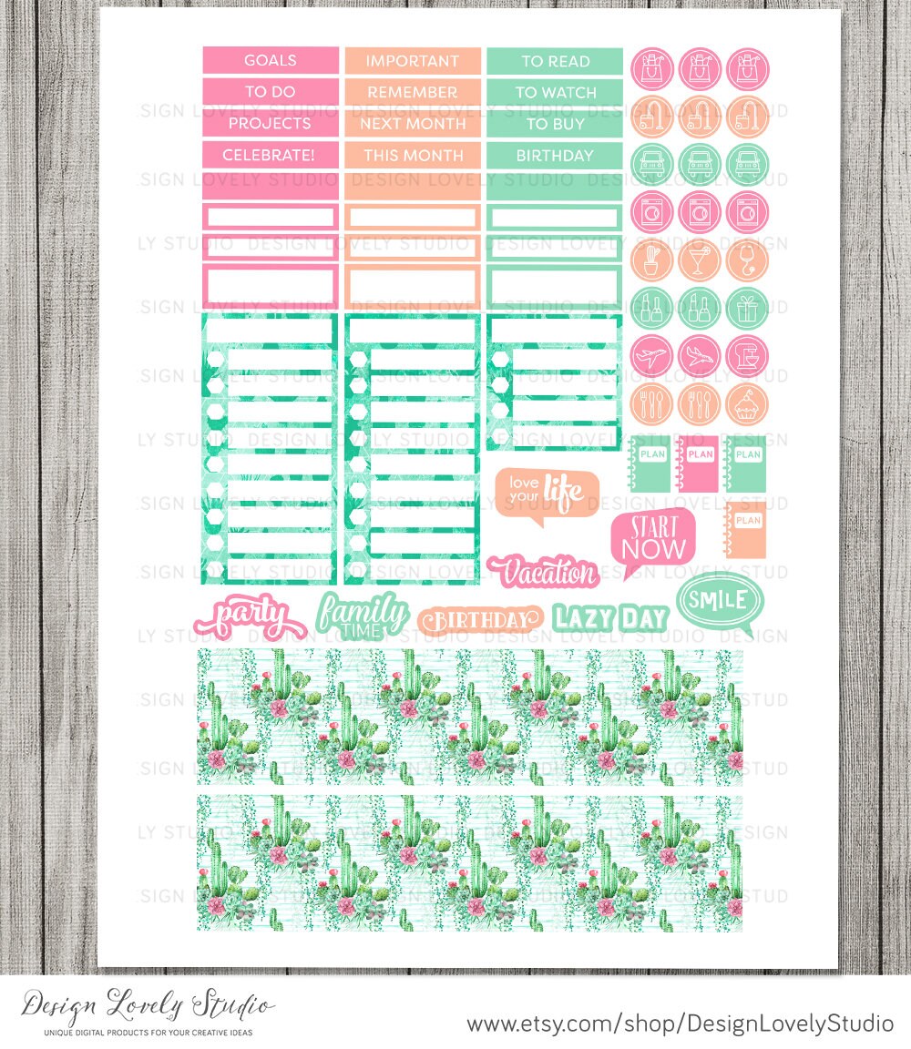Printable CACTUS Monthly Planner Stickers, Classic Happy Planner ...
