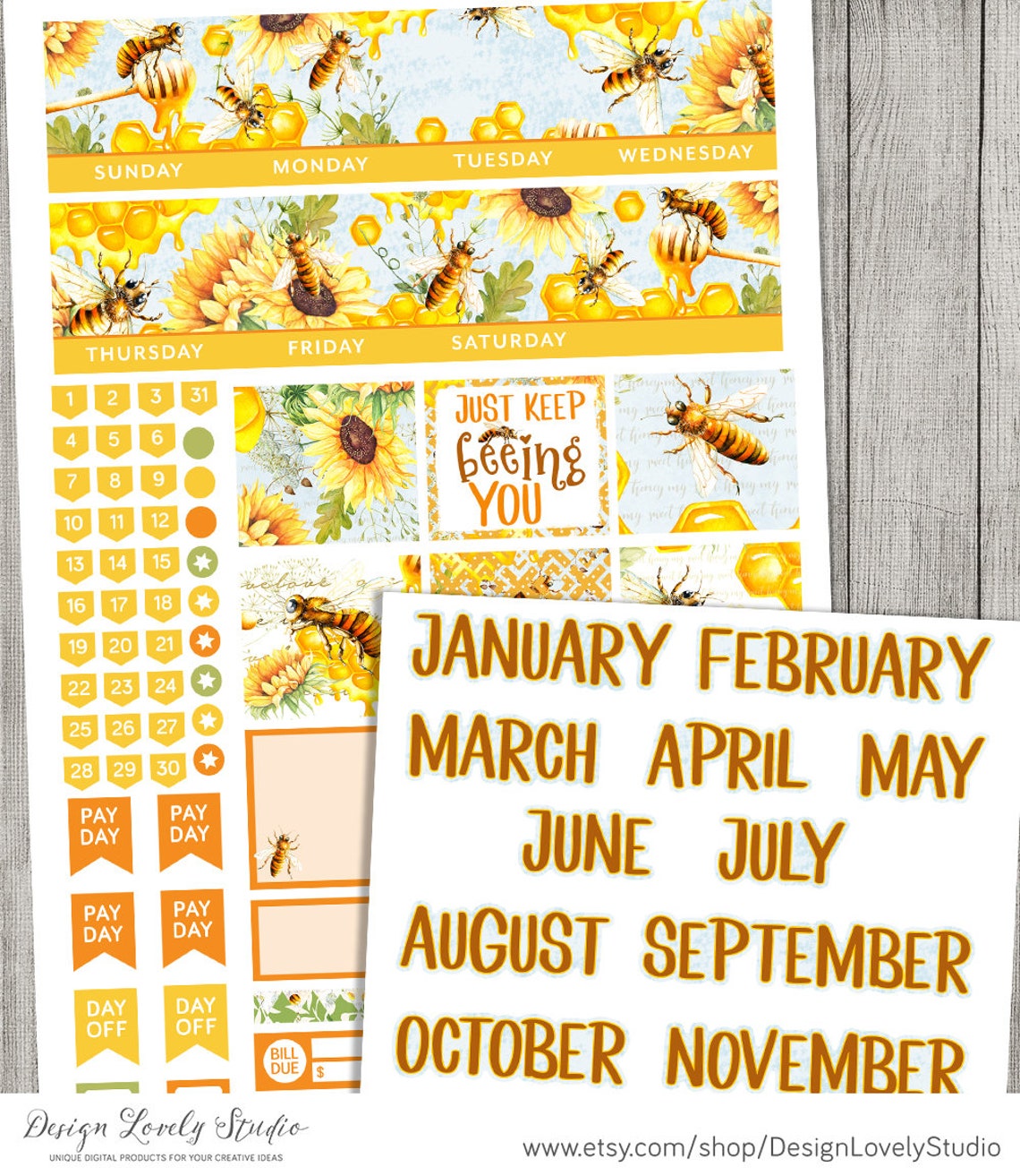 PRINTABLE Monthly Planner Stickers Kit, Honey Bee Monthly Planner Kit ...