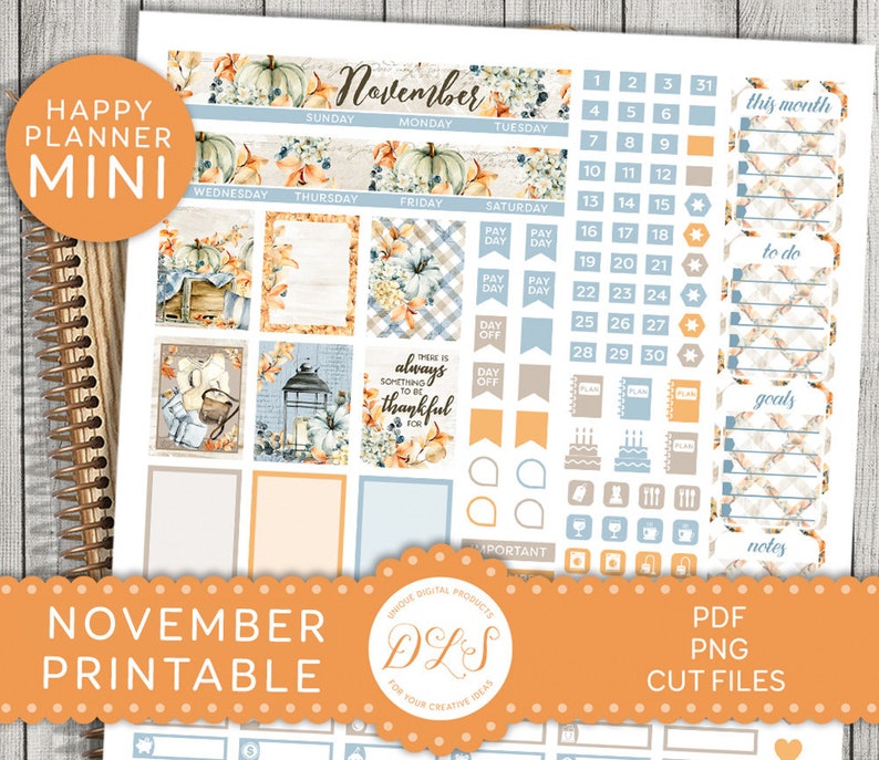NOVEMBER Monthly Stickers Kit, Printable Mini Happy Planner Stickers ...