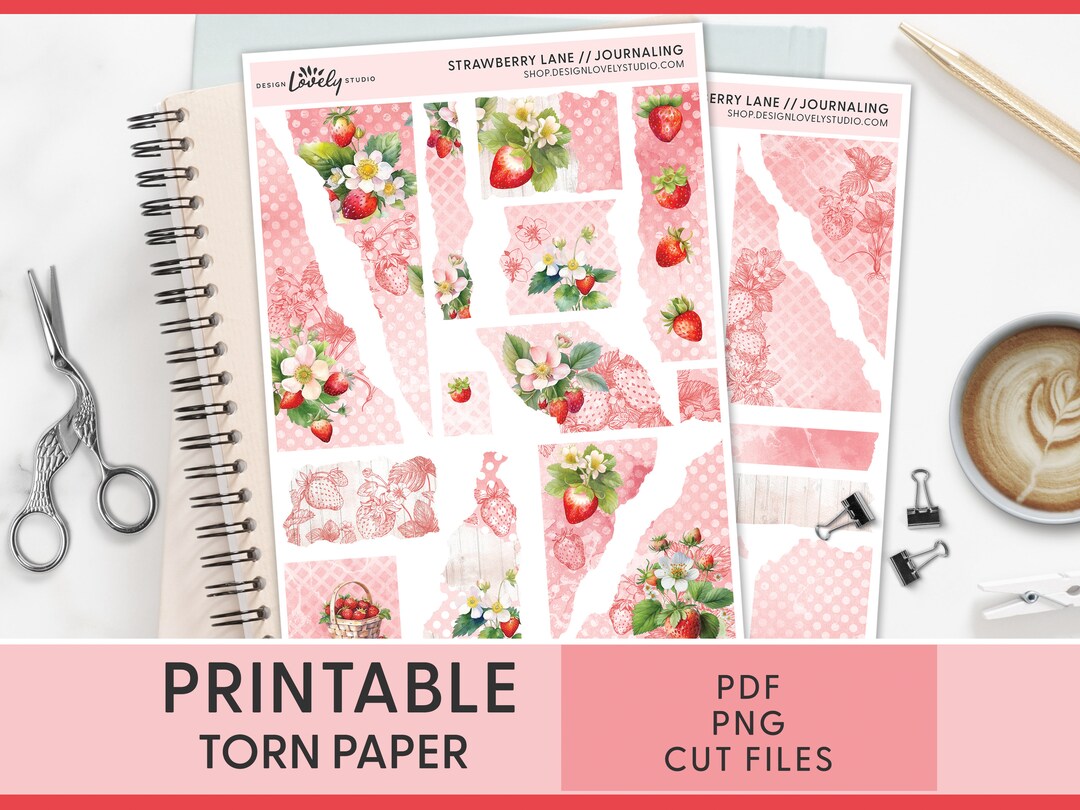 Printable Torn Paper Stickers, Strawberry Stickers, Junk Journal ...