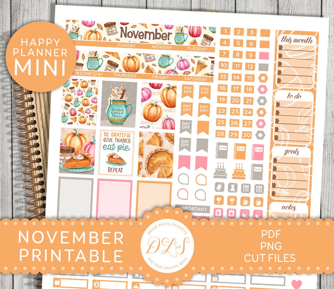 Printable NOVEMBER Monthly Stickers Kit, Mini Happy Planner November ...