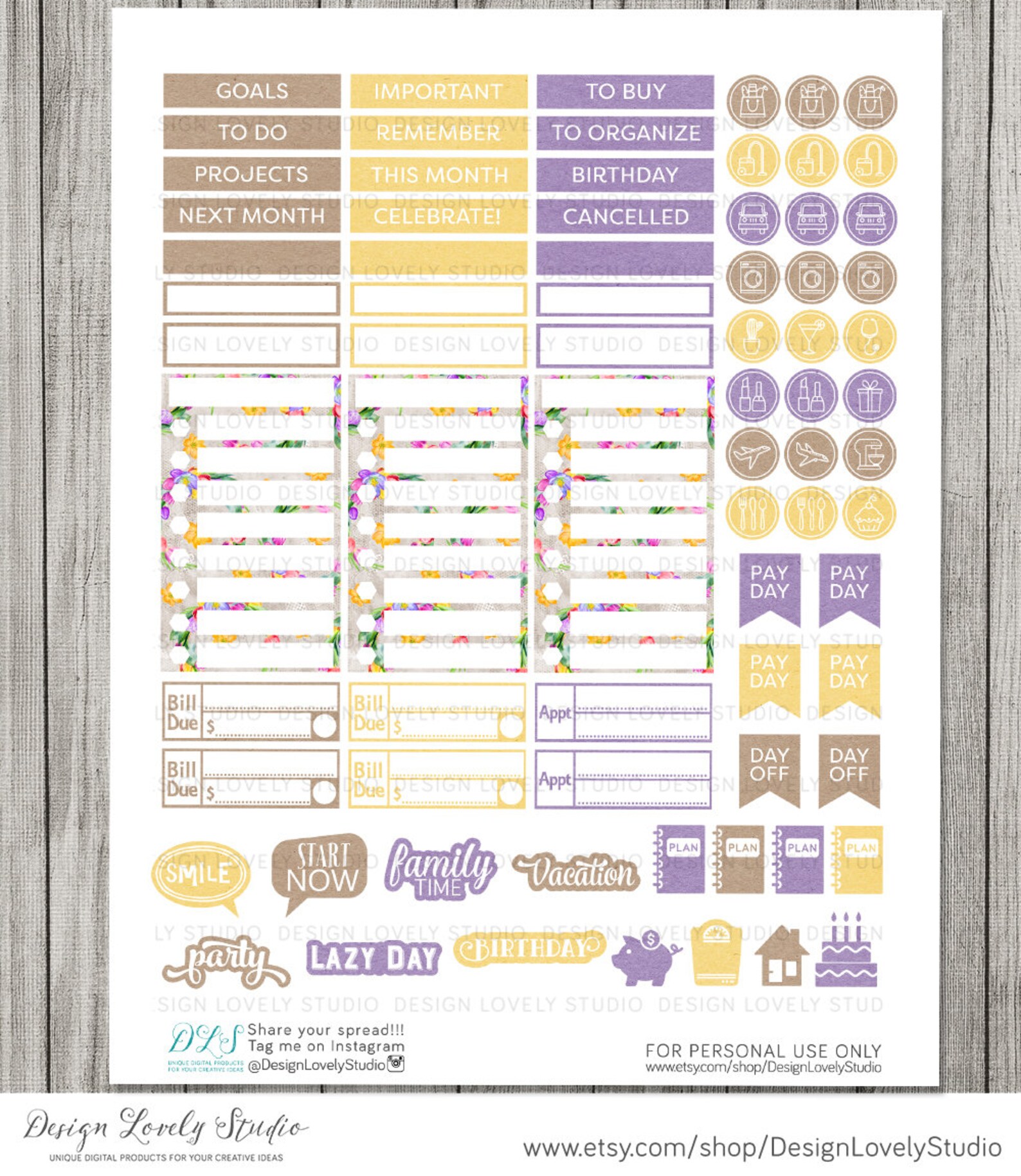 Printable FLORAL Monthly Stickers Kit, Big Happy Planner Monthly ...