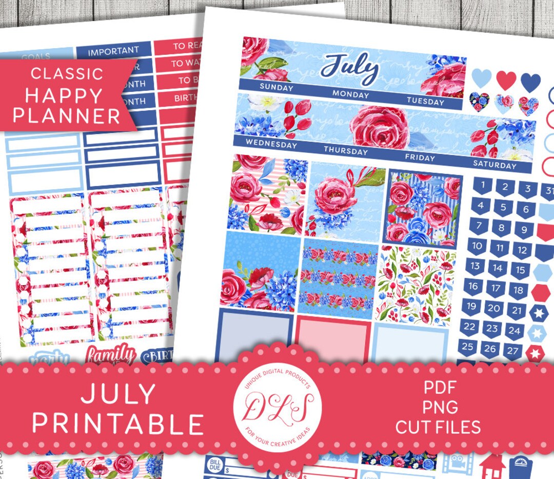 JULY Planner Stickers, Happy Planner Printable Stickers, July Monthly ...