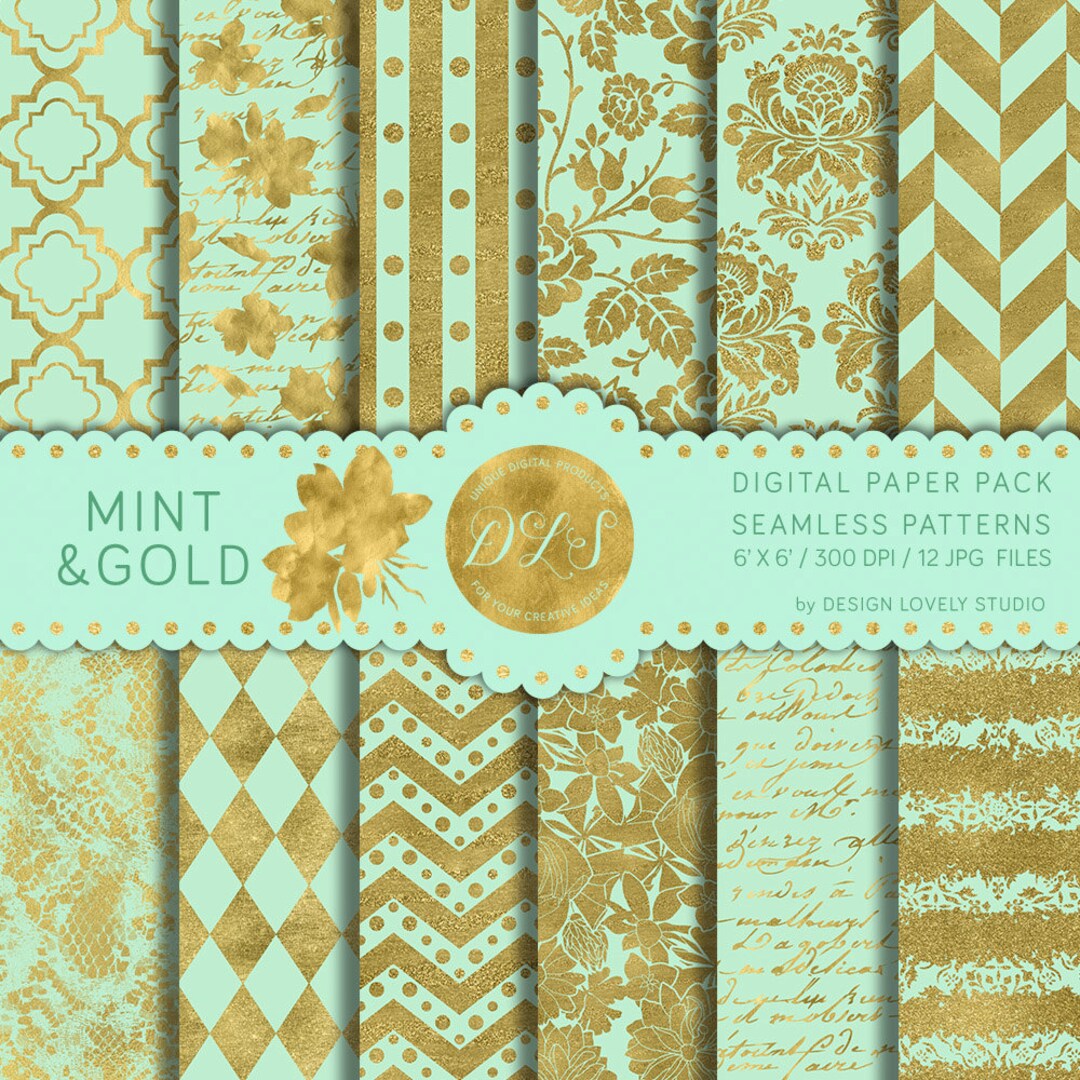 Gold Foil Digital Paper Pack: "mint & Gold" Seamless Pattern Mint ...