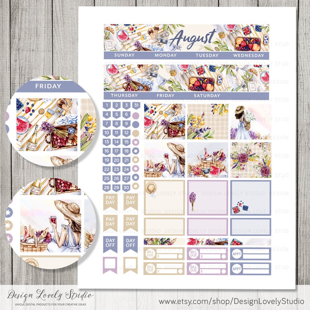 August Monthly Kit Printable August Monthly Stickers Erin | Etsy