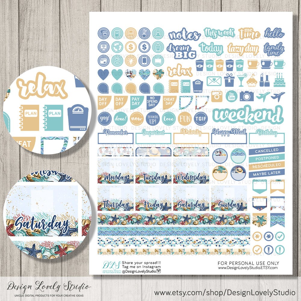 Beach Day Planner Stickers Happy Planner Printable Stickers - Etsy