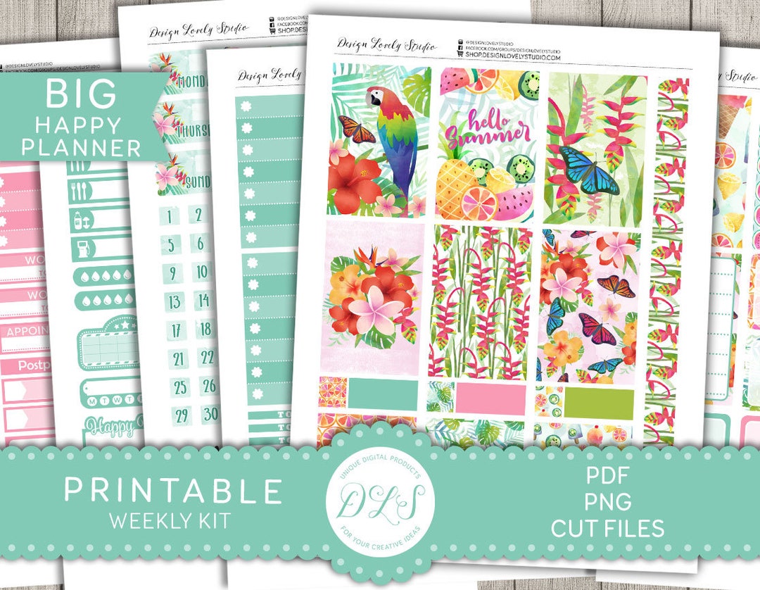 Tropical Summer Planner Stickers Kit, PRINTABLE Big Happy Planner ...