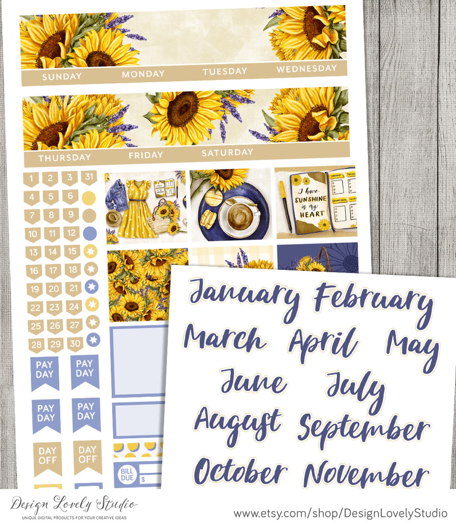 SUNFLOWERS Planner Stickers, Printable Monthly Stickers Kit, for Erin ...