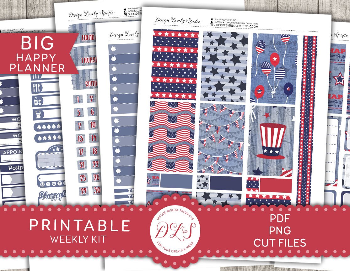 4th of July Planner Stickers Big Happy Planner PRINTABLE - Etsy