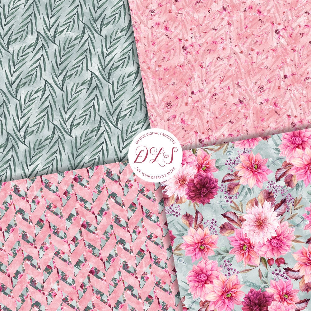 FLORAL Digital Paper Pack Dahlias Pink Mint Background Floral - Etsy