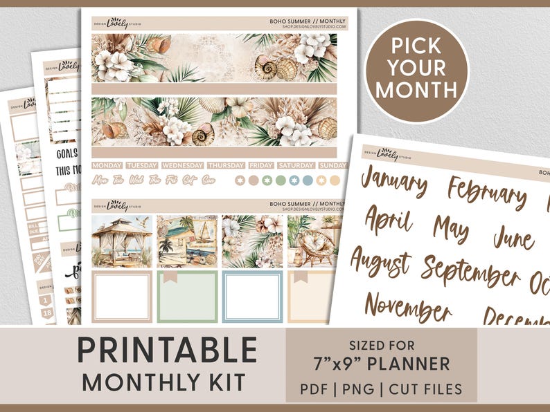 Boho Summer Monthly Kit – Printable Planner Stickers for Erin Condren ...