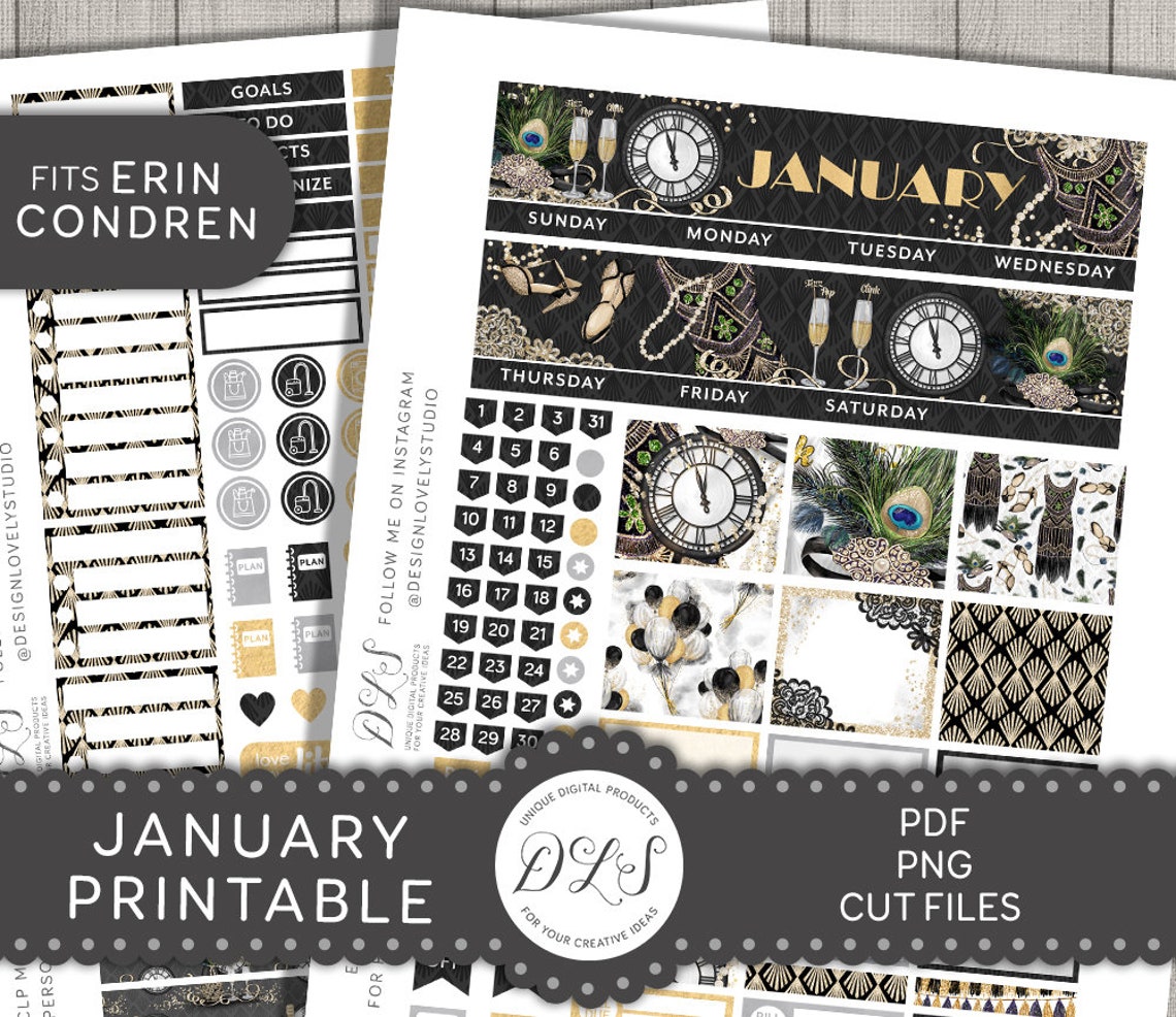 Printable January Monthly Planner Stickers Black Gold January | Etsy