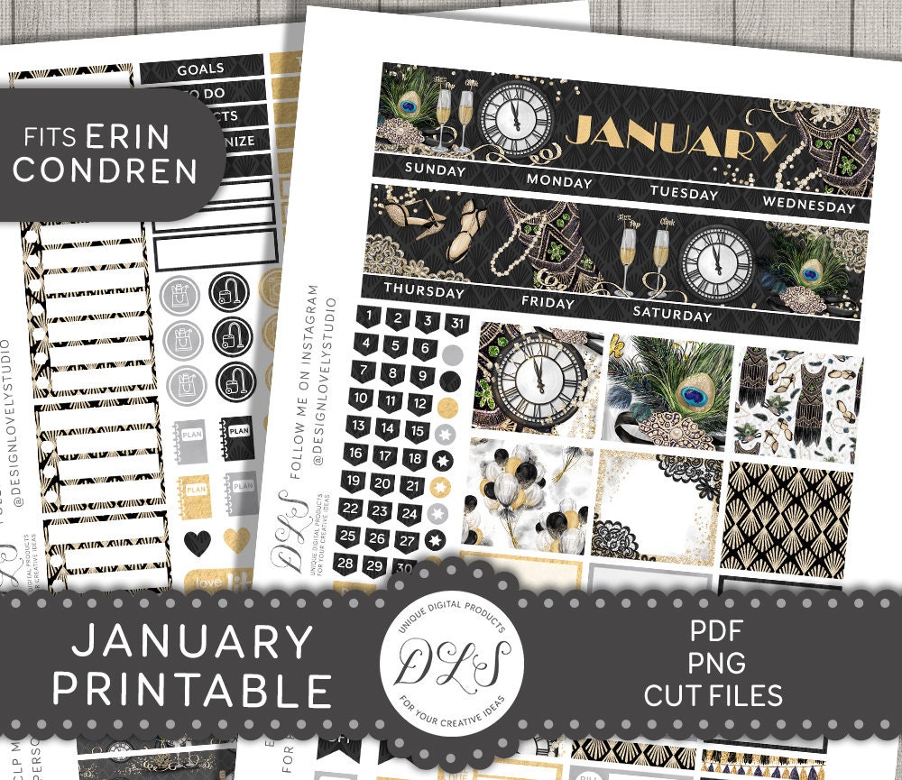 Printable January Monthly Planner Stickers Black Gold January - Etsy