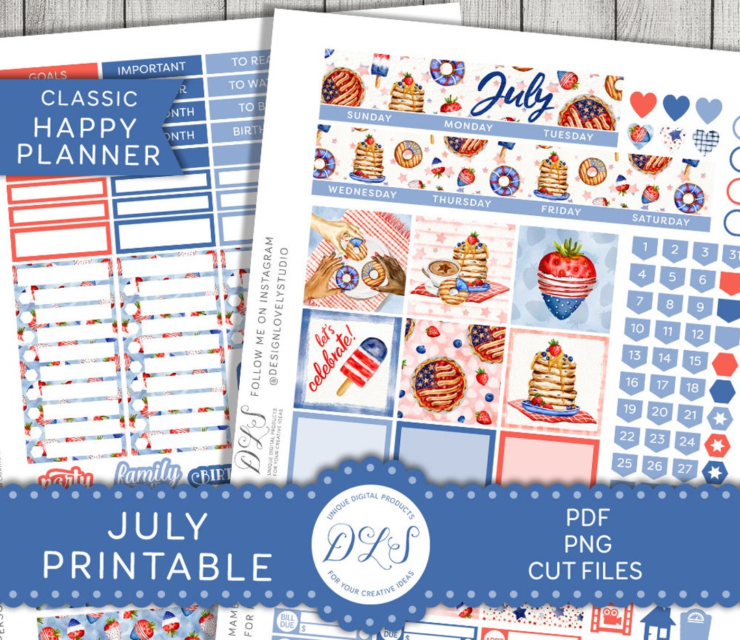 Printable JULY Monthly Stickers Kit, Happy Planner July Planner ...