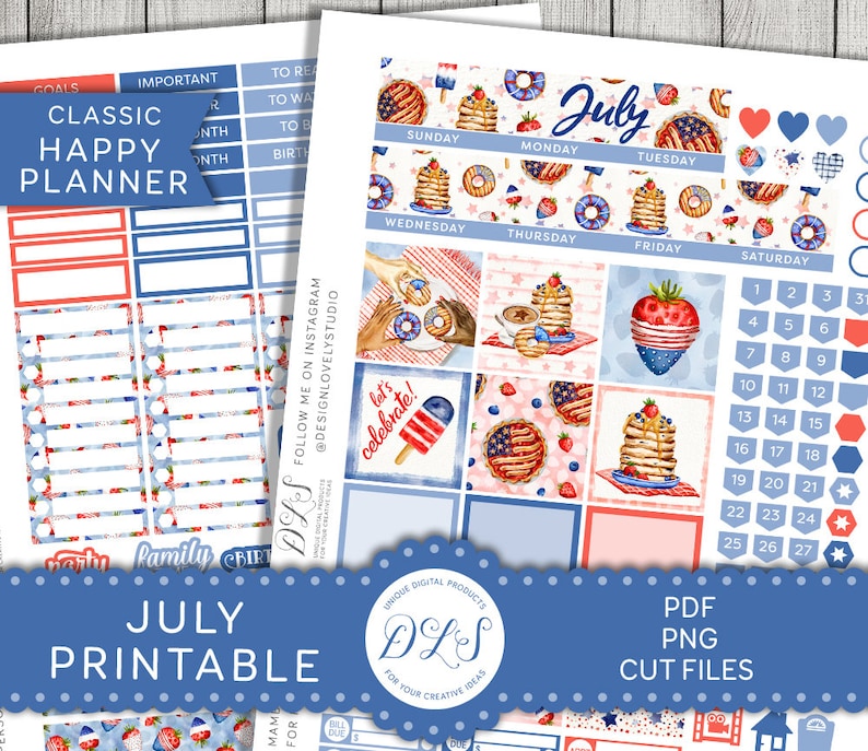Printable JULY Monthly Stickers Kit Happy Planner July | Etsy