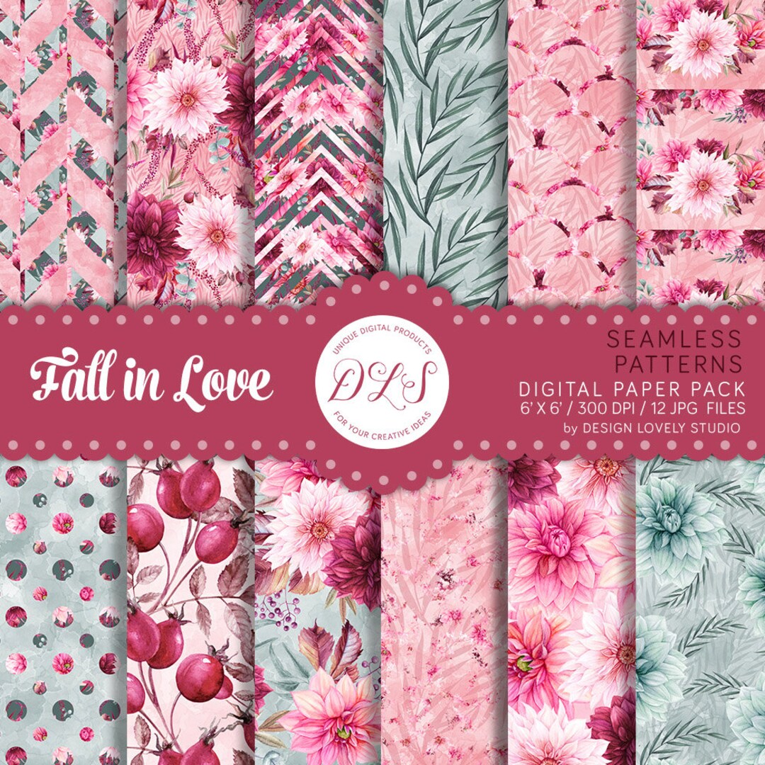 FLORAL Digital Paper Pack Dahlias Pink Mint Background Floral Wedding ...