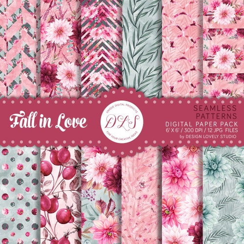 FLORAL Digital Paper Pack Dahlias Pink Mint Background Floral - Etsy