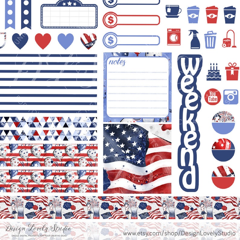 Printable 4th of July Planner Stickers Kit, Independence Day Planner ...