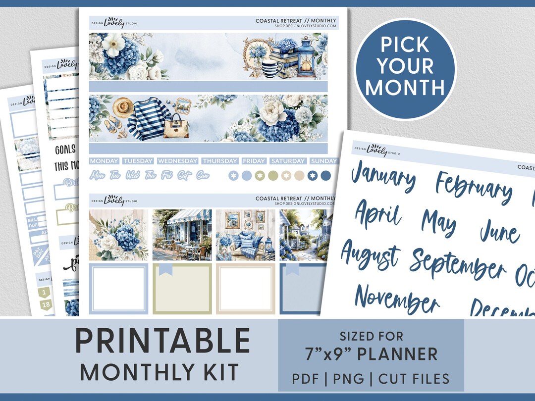 Coastal Aesthetic Monthly Kit, Spring Planner Stickers, Summer Monthly ...