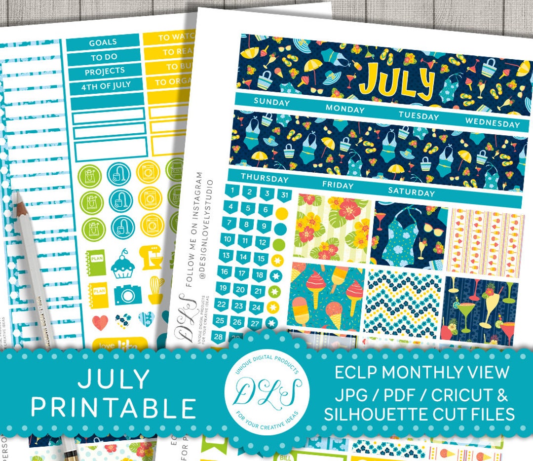 July Monthly Stickers for Erin Condren, Monthly Printable Kit, ECLP ...