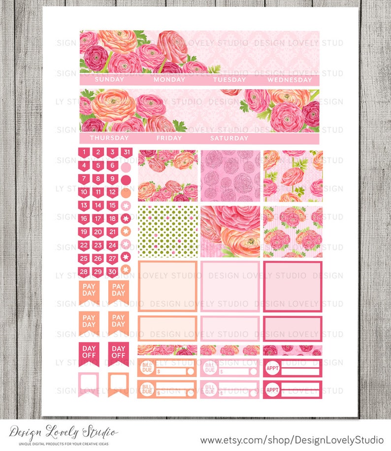 Printable Monthly Planner Stickers Kit Pink Floral Planner | Etsy