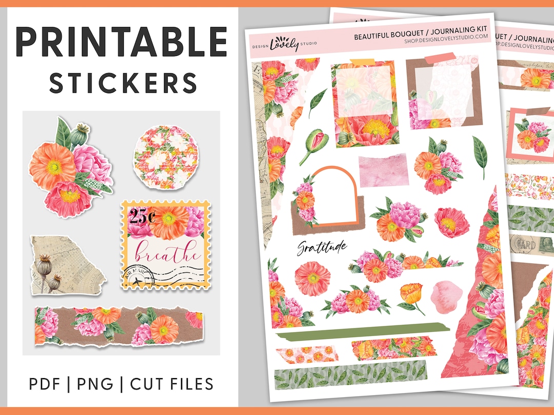 Printable Journaling Stickers, Botanical Journaling Sticker Kit, Floral ...