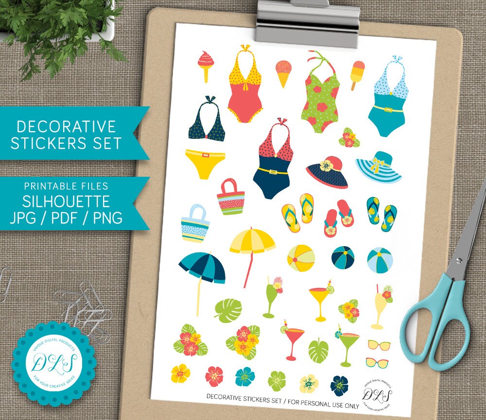 Decorative SUMMER STICKERS Set Pool Party Beach Day Stickers | Etsy