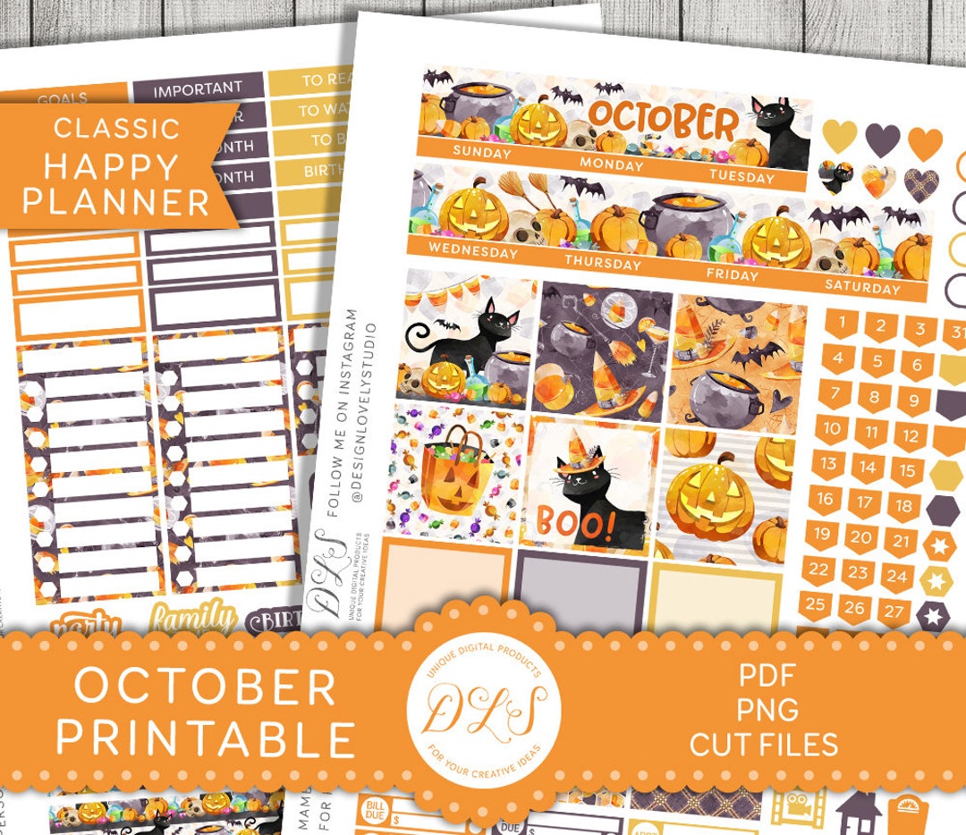 Printable OCTOBER Monthly Planner Stickers Kit, Happy Planner October ...