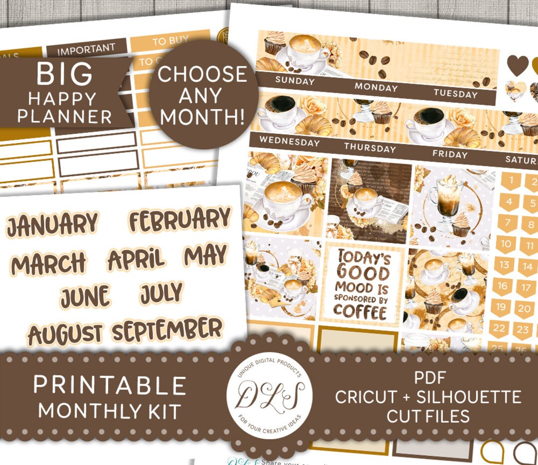 Big Happy Planner Monthly Stickers, Printable COFFEE Monthly Planner ...