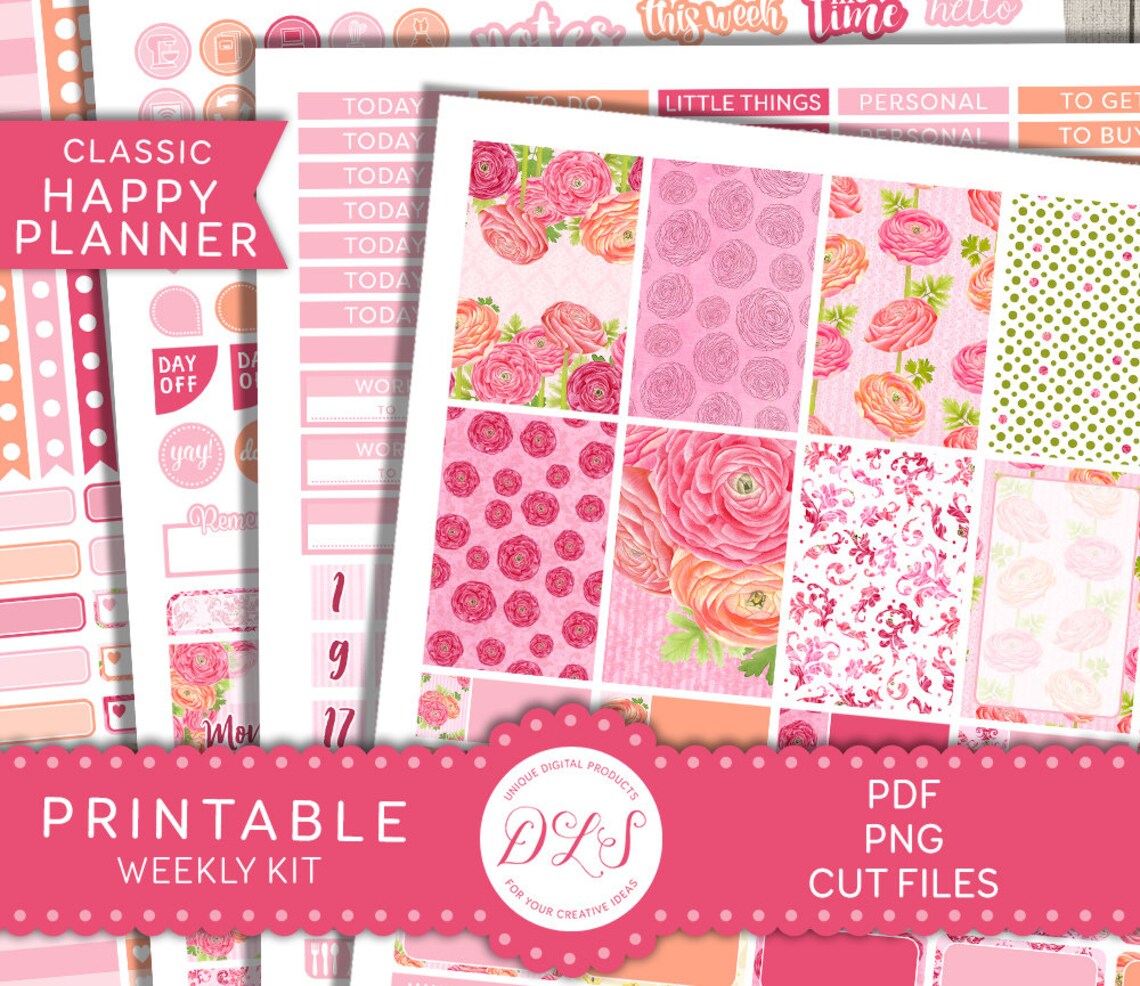 Happy Planner PRINTABLE Weekly Kit, Pink Floral Planner Stickers, Happy ...
