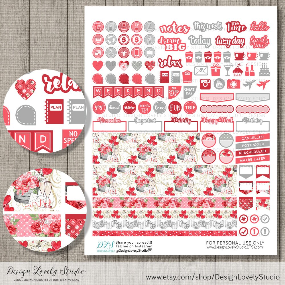 Valentine's Day Planner Stickers Kit Valentines Day | Etsy