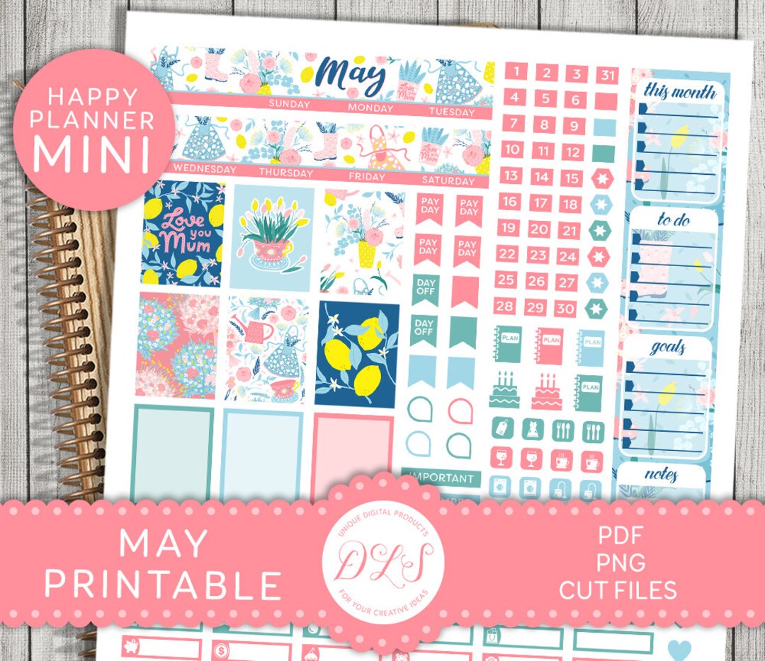 Printable May Monthly Kit, Mini Happy Planner MAY Stickers Kit, Spring ...