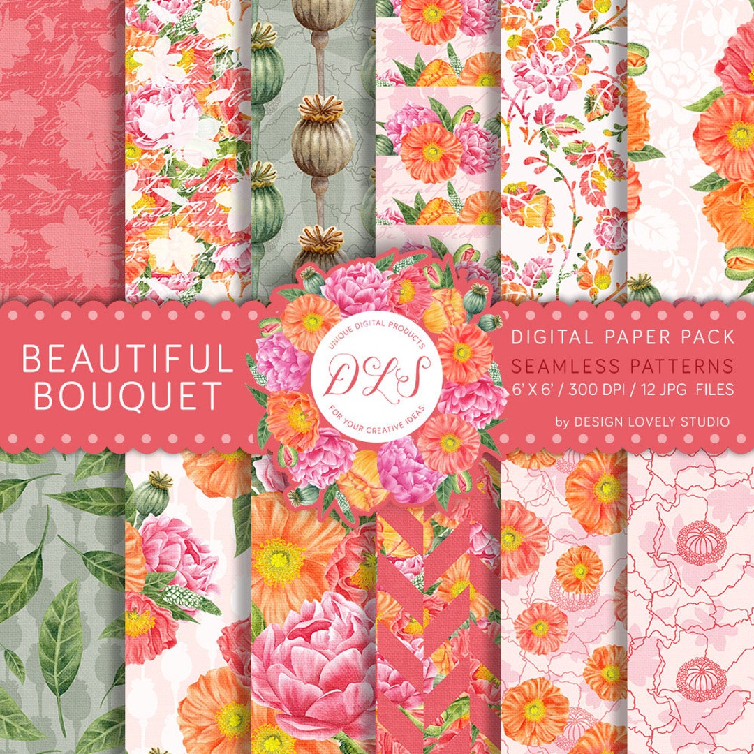 Floral Digital Paper: "beautiful Bouquet" Poppies Background Pink ...